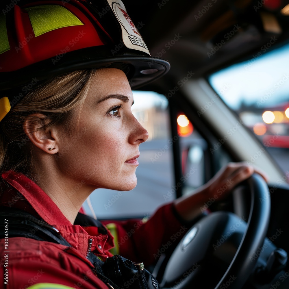 Focused female firefighter driving a fire truck, showcasing dedication ...