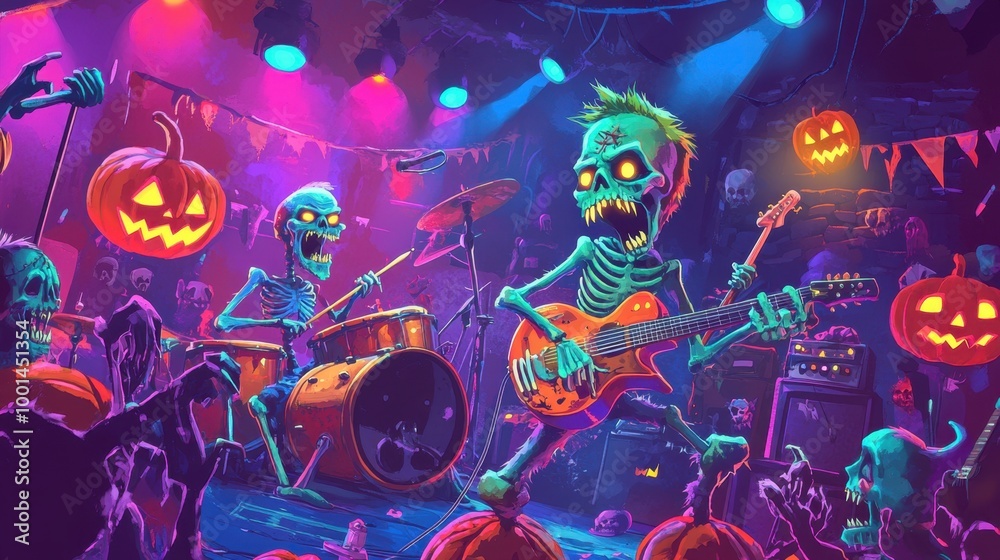 Zombie musicians jam on stage with skeleton drumsticks, while awkward ...
