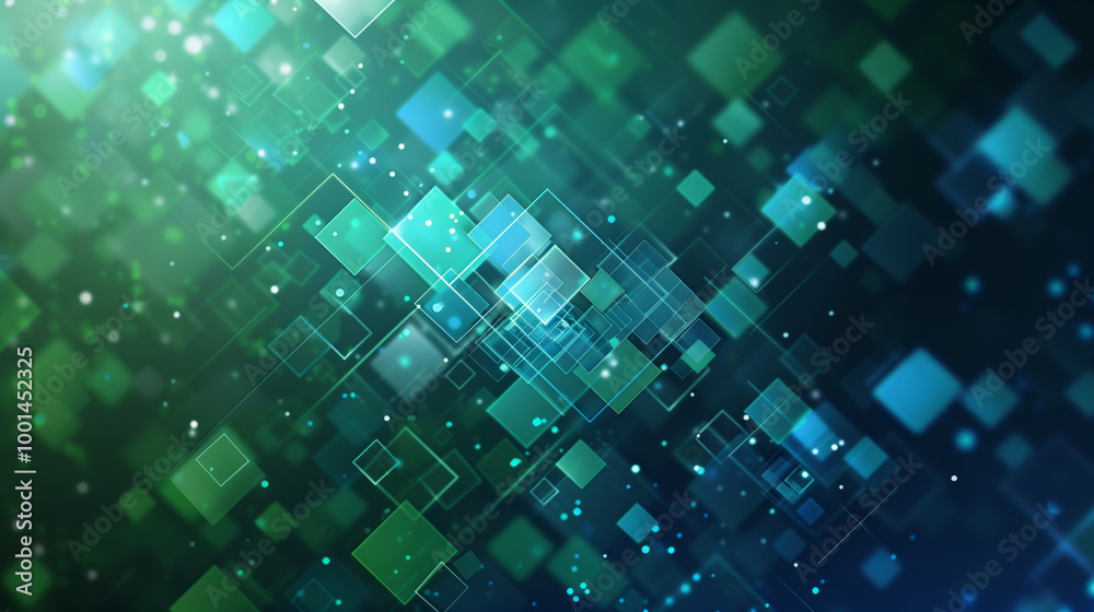 Abstract tech background featuring overlapping layers of transparent blue and green data grids ...