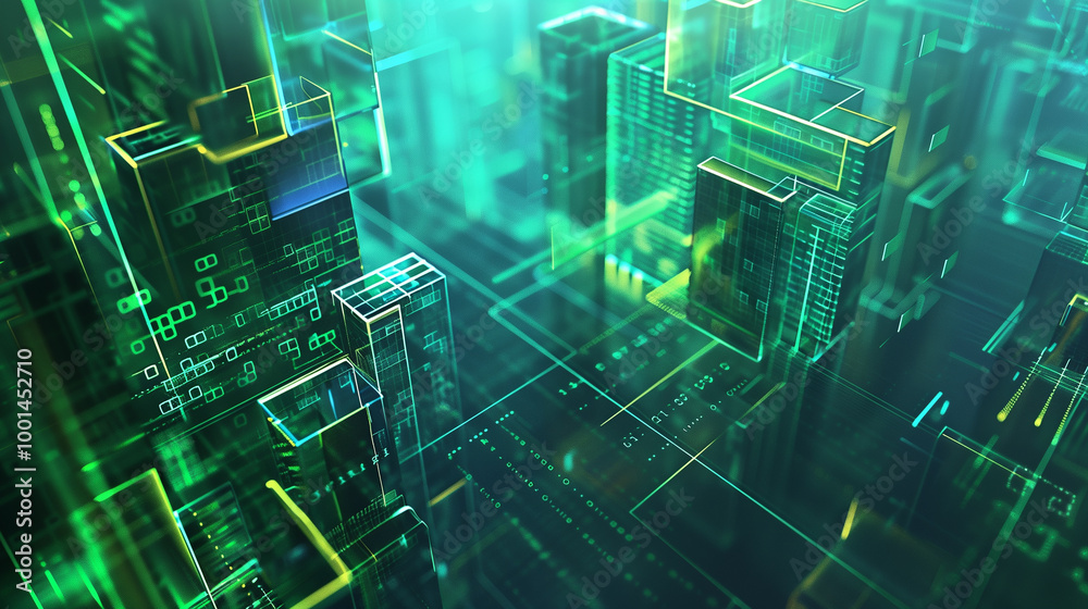 Abstract tech background featuring overlapping layers of transparent blue and green data grids ...