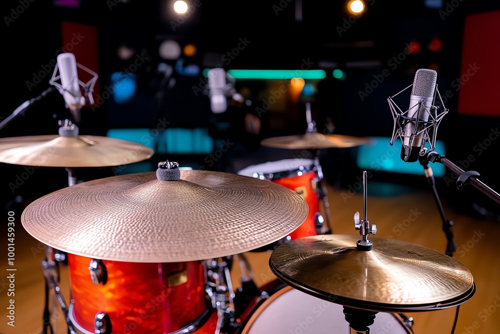 Drum set in a recording studio, capturing the arrangement of cymbals ...