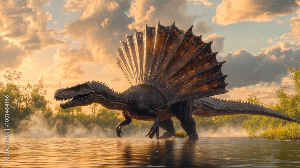 Realistic portrayal of a Spinosaurus standing in a river, its large ...