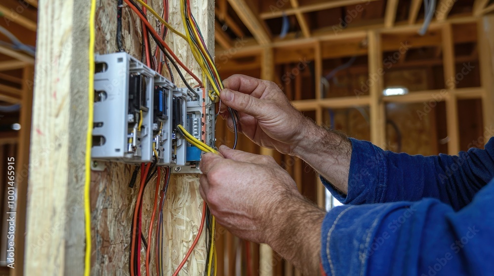 An electrician's hands working on wiring for a new home, with visible ...