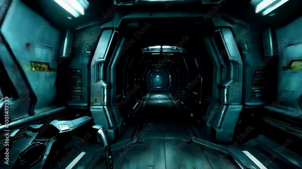 Gloomy dark corridor in futuristic spaceship or base, scary alien spacecraft interior like in ...