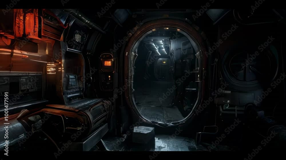 Dark scary corridor in futuristic spaceship, creepy interior of alien ...