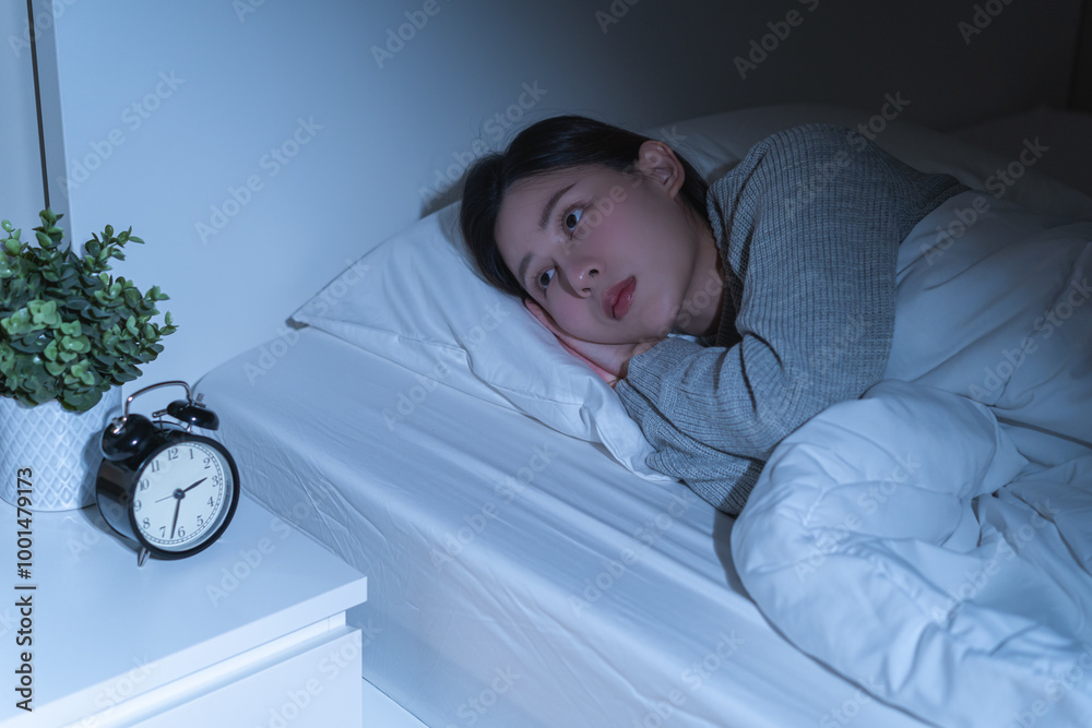 Annoyed, stressed, anxiety asian young woman suffering from insomnia ...
