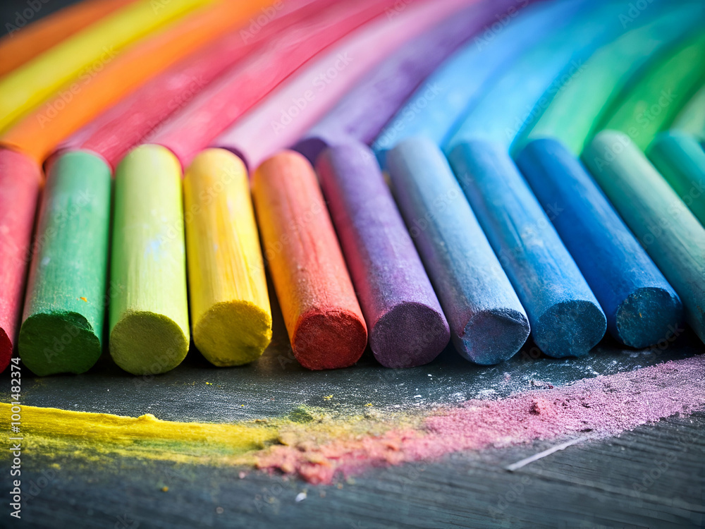 A row of crayons are lined up in a rainbow pattern. The colors are ...