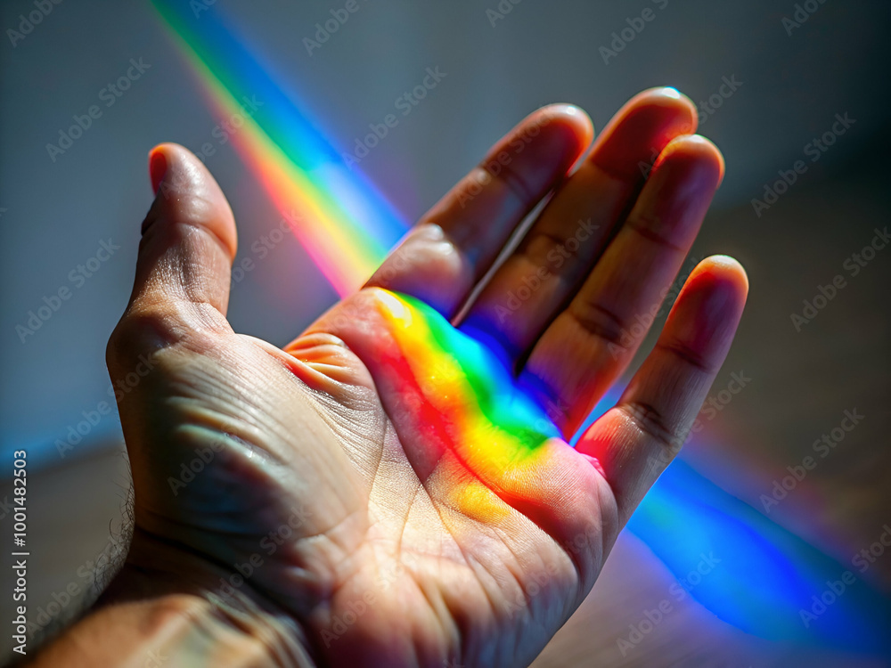A hand holding a rainbow. The rainbow is a symbol of hope and ...