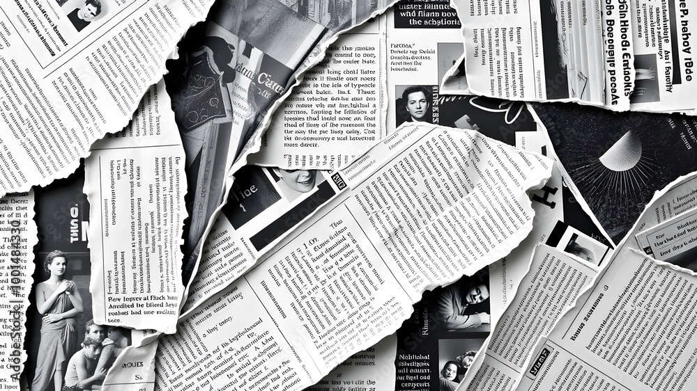 Ripped-up newspaper articles, black and white, abstract format ...