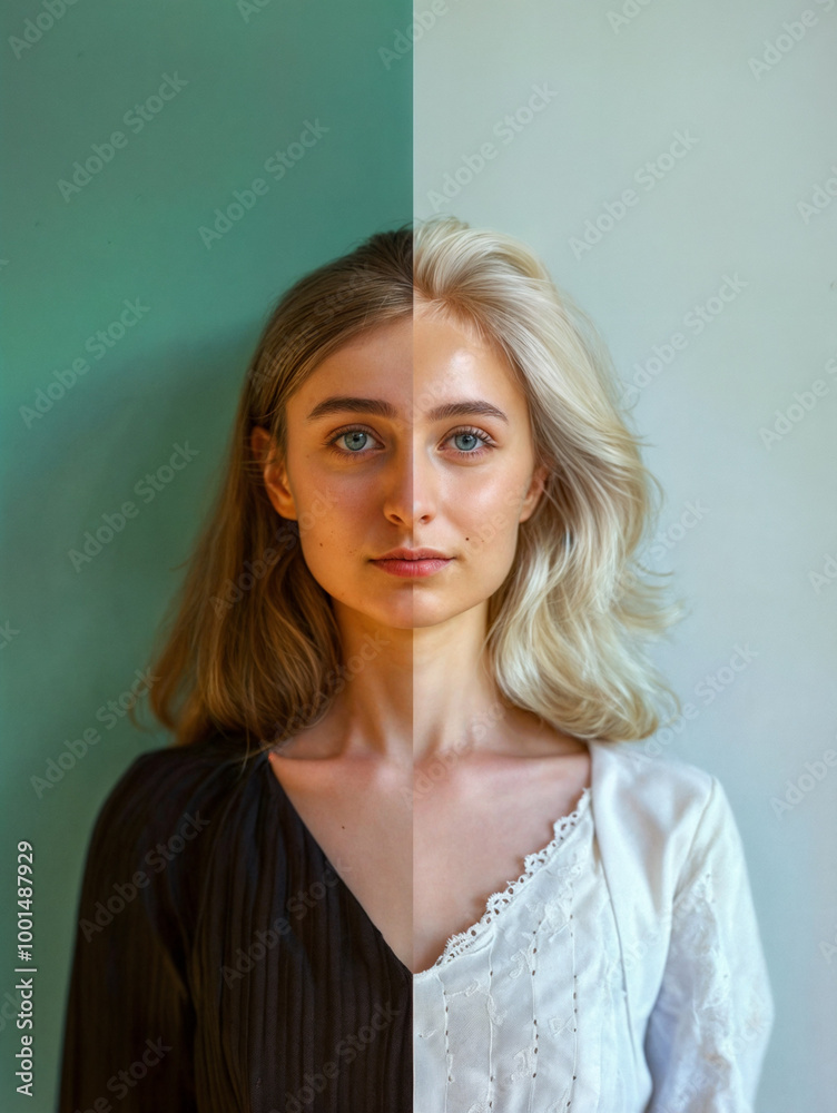 Split face. A split portrait of a woman, with one side featuring her ...
