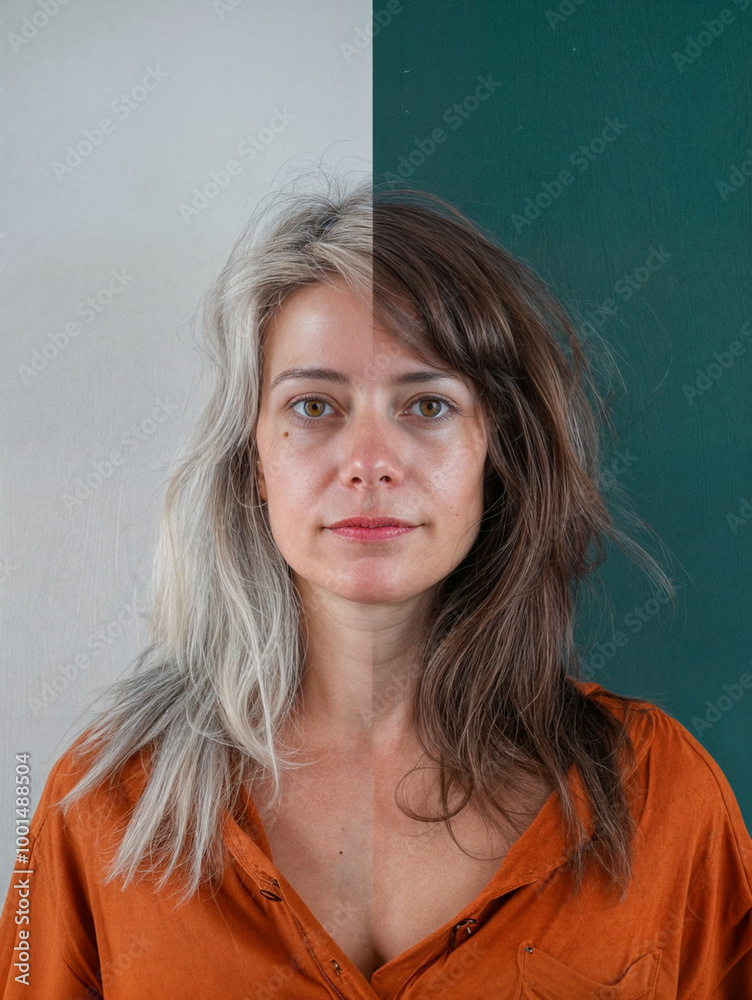Split face. A split portrait of a woman, with one side featuring her ...