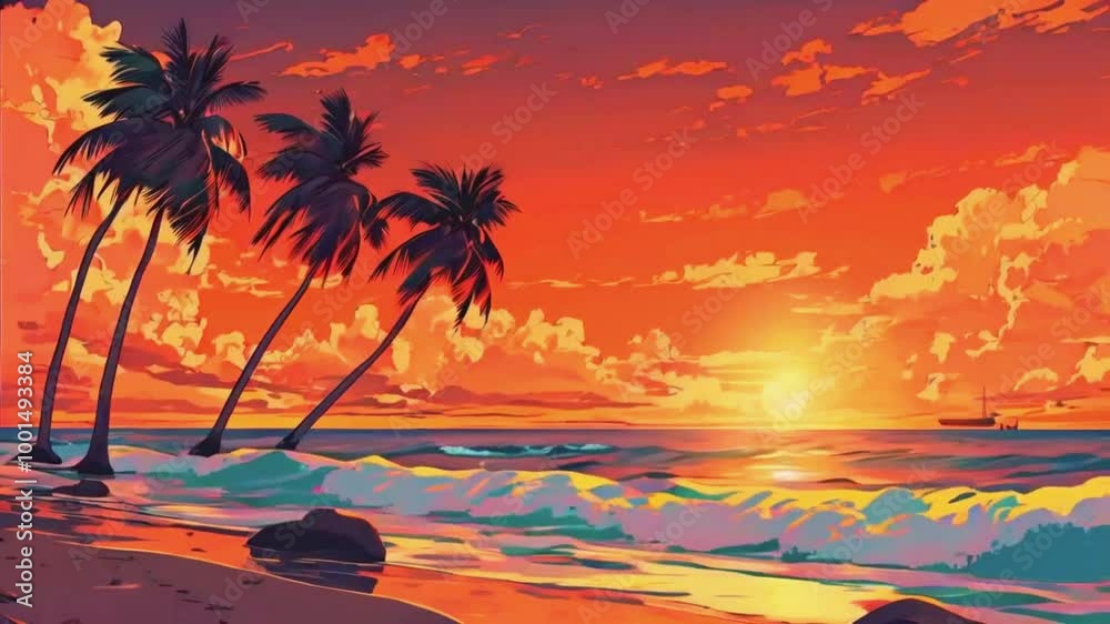 A muted, retro-inspired lo-fi scene with soft oranges reds sky. Palm ...