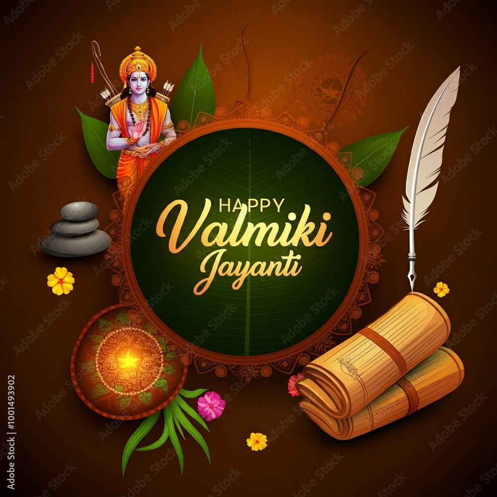 Illustration of tools of Maharishi Valmiki with a quill , palm-leaf ...