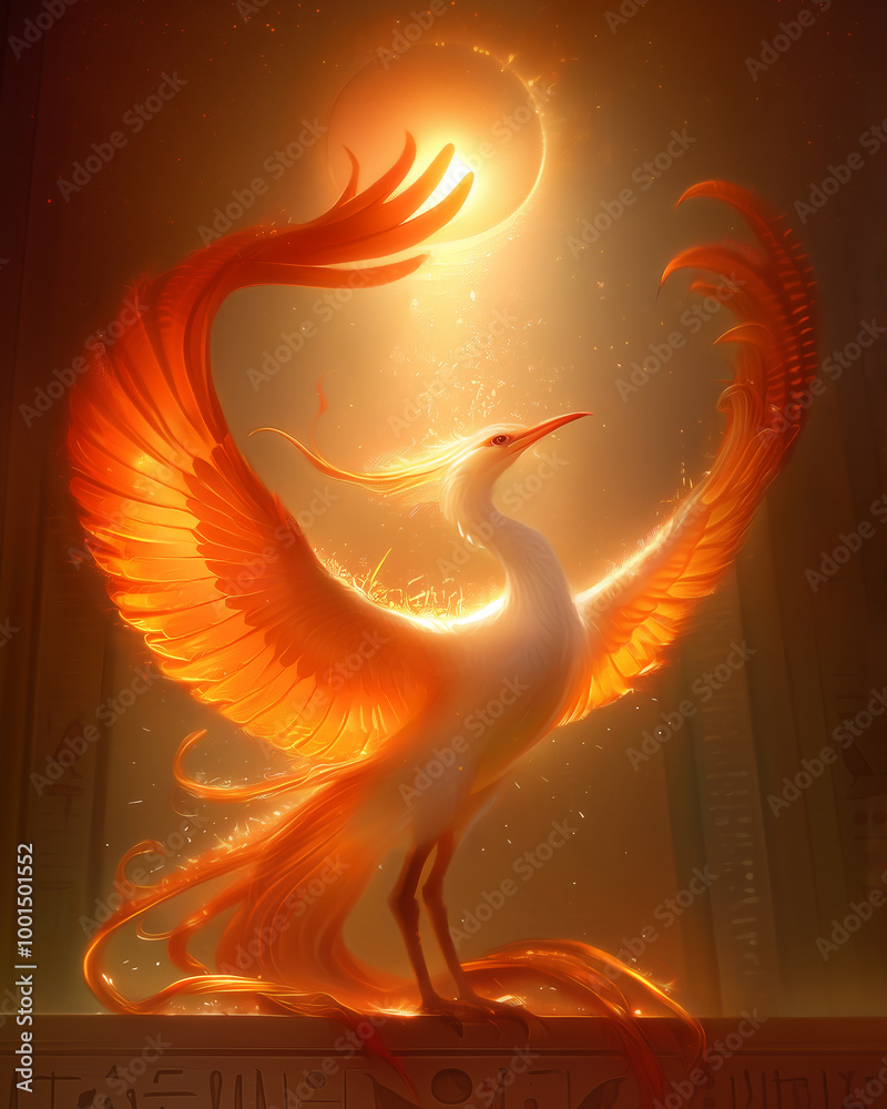Majestic phoenix rising under a glowing sun in an ancient temple ...