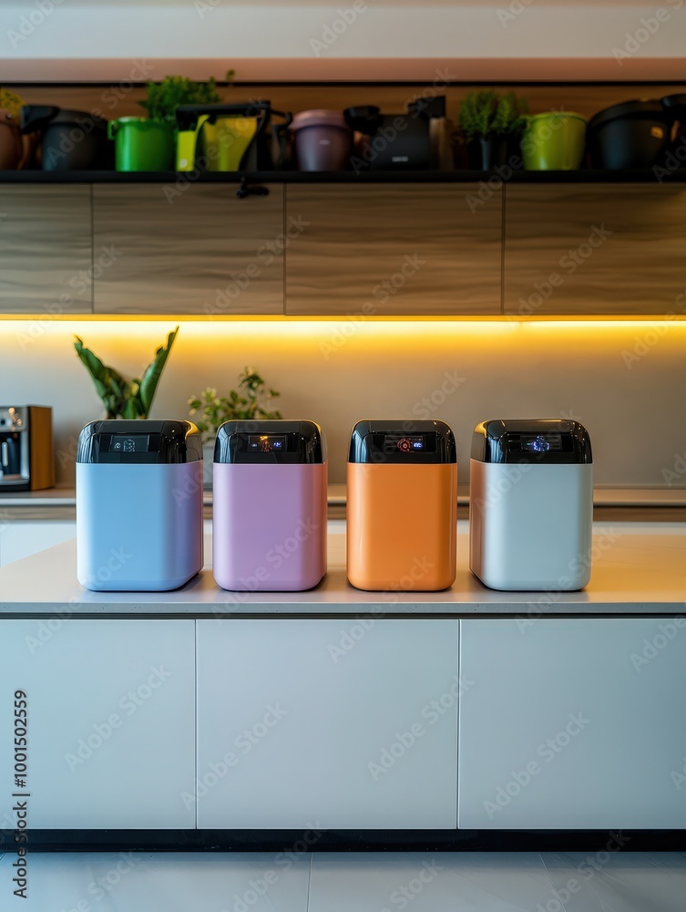 Automated waste bin in modern kitchen sorting compost, recycling, and ...