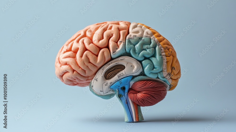 A model of the human brain, showing the different lobes and sections ...