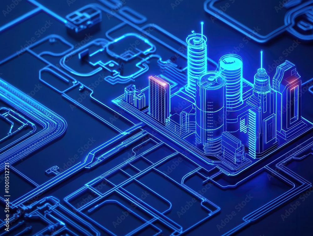 Isometric drawing of a smart city grid with connected infrastructure ...