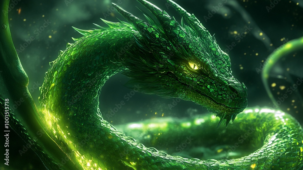 This is a detailed digital artwork of a green dragon holding a glowing ...