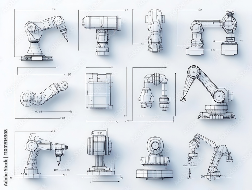 Wireframe model of a robotic arm in various stages of motion ...