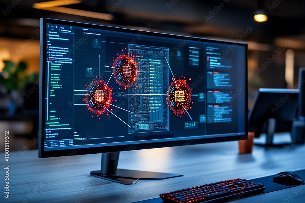 Malware defense strategy displayed on a large monitor, with detailed ...