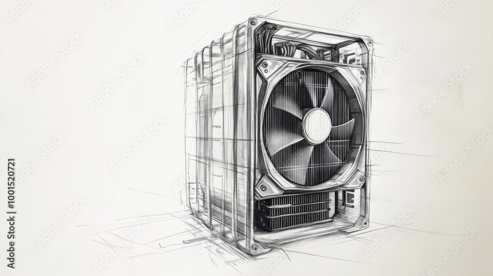 Sketch of a computer CPU cooler with a fan and heat sink, illustrating ...