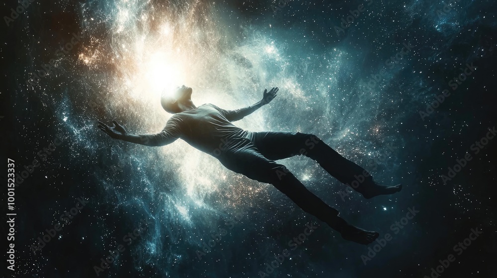 man floating, in space, with white eyes, and light over his head, he is ...