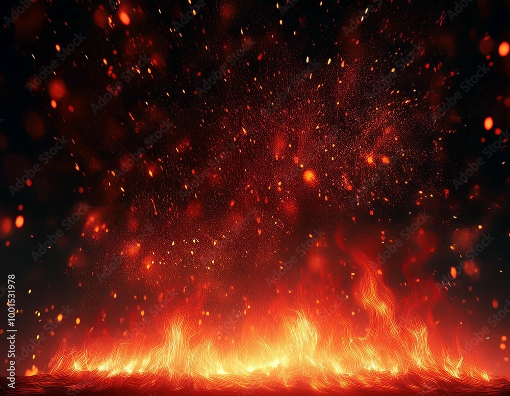 Burning red hot sparks rise from large fire in the night. Fire flames ...