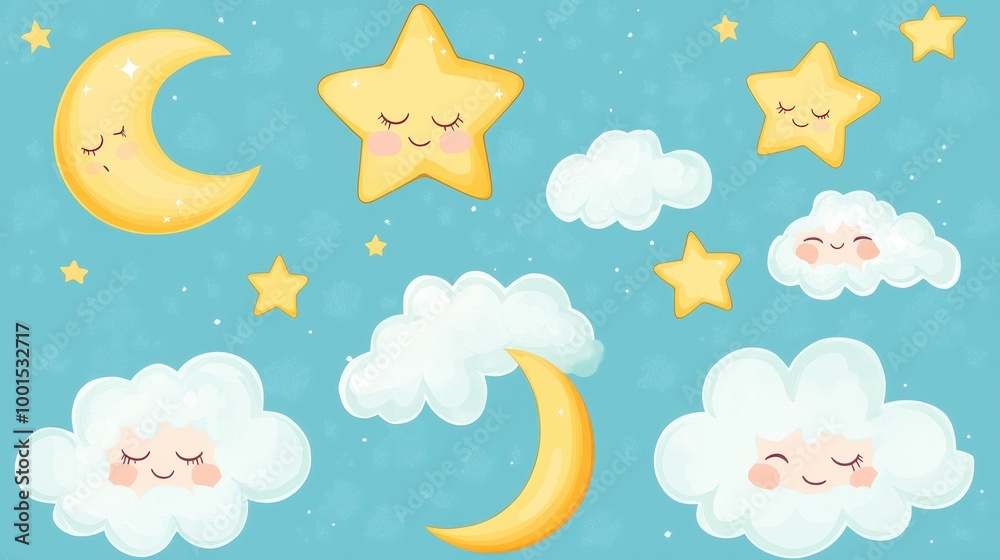 Cute clipart features sleepy stars and moons resting softly among puffy ...
