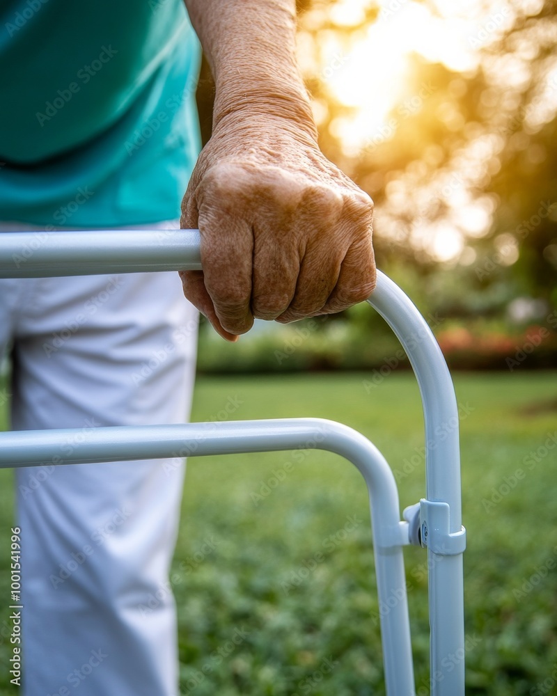 Elderly Hand on Walker: Close-up shot of an elderly hand gripping the ...