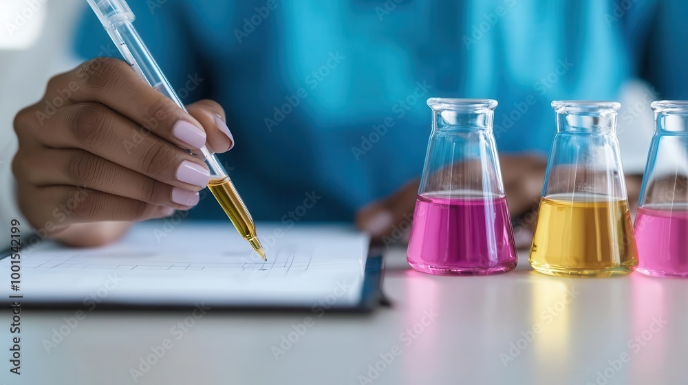 Chemist using a lab notebook to document results, scientific record ...