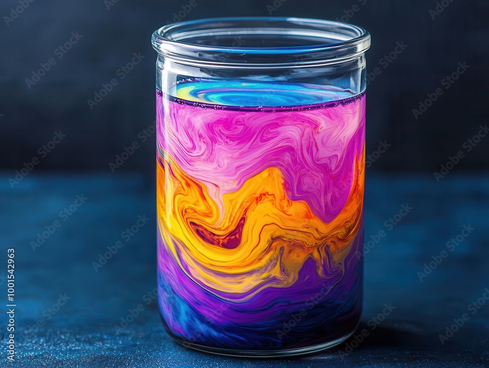 Flask with swirling colored liquid on a magnetic stirrer, homogeneous ...