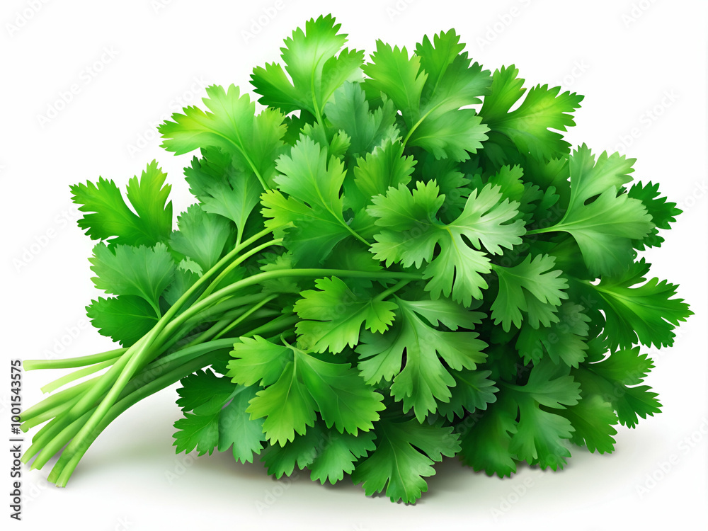 A bunch of fresh green cilantro is piled on a white background. The ...