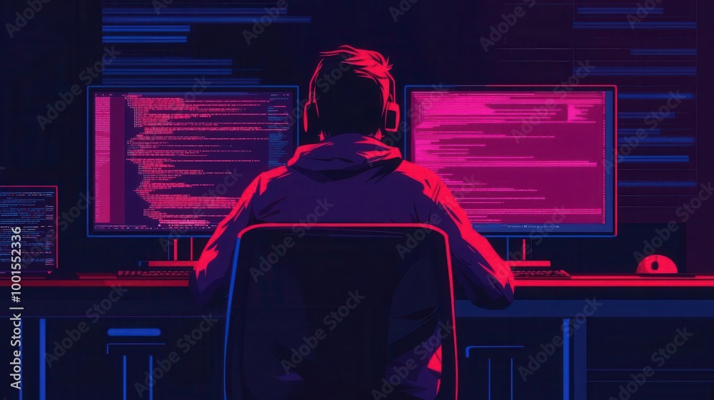 Programmer working in a dark mode environment, screens glowing, flat ...