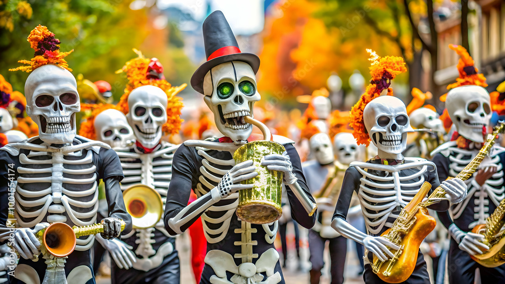 Skeleton Band on Parade: A festive and fun Halloween parade featuring a ...