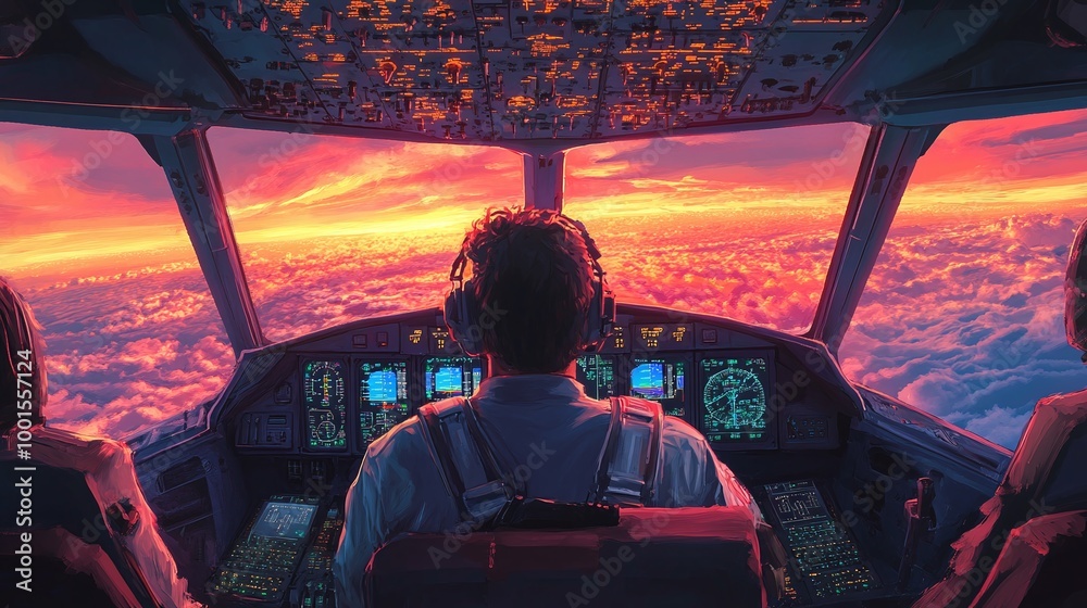 a commercial airline pilot sitting inside the cockpit, surrounded by ...