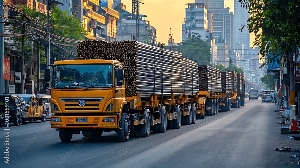 Trucks with long trailers carrying steel bars for building construction ...