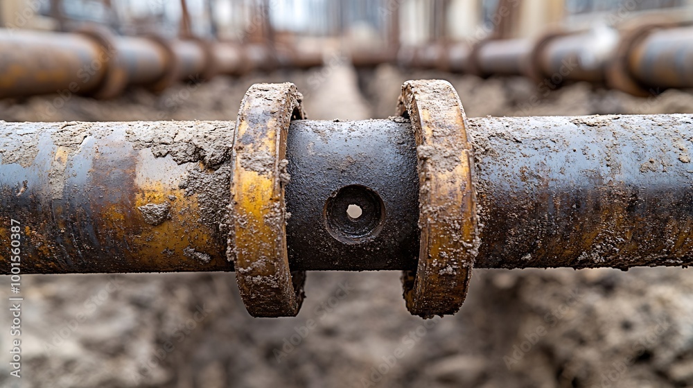 Cast iron drainage pipe secured to rebar with a split clip band in a ...