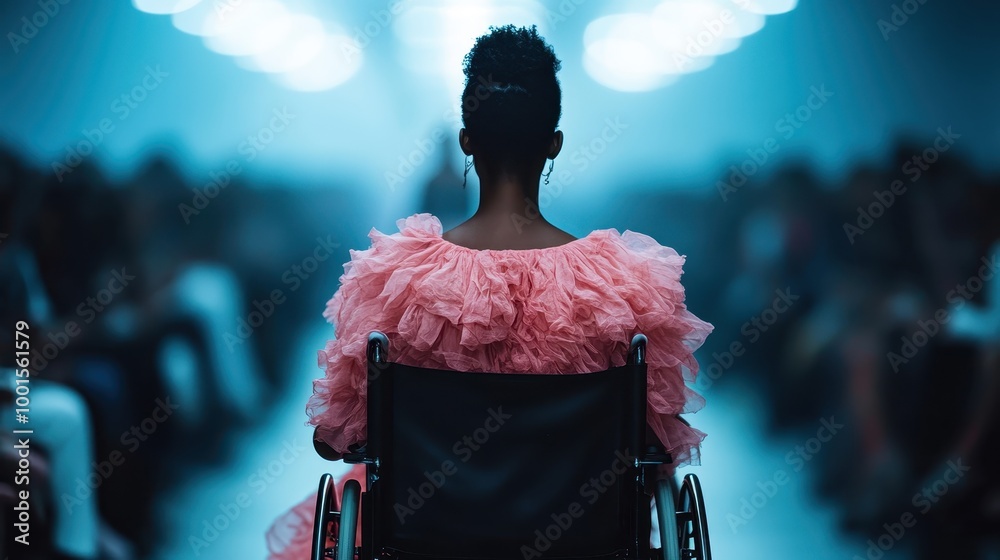 A stylish fashion model in a ruffled pink outfit in a wheelchair seen ...