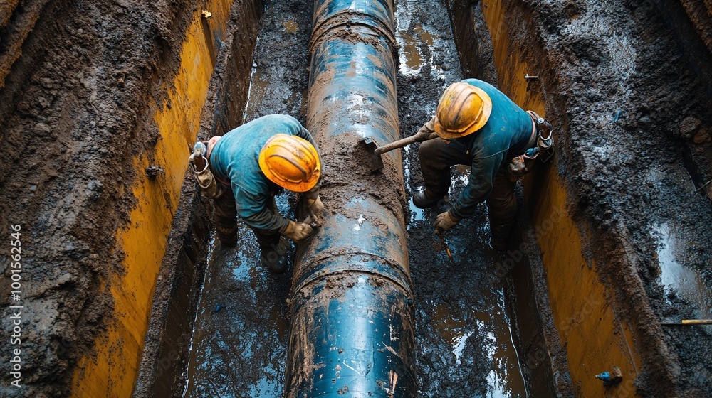underground pipeline installation in progress with a utility crew ...