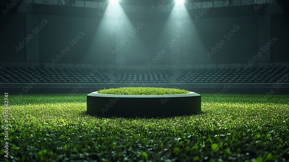 podium in the center of a stadium surrounded by rows of empty seats and ...