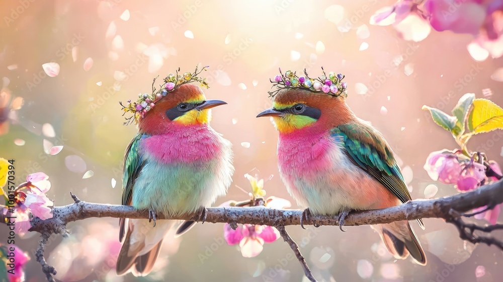 Two vibrant birds perched on a flowering tree branch, wearing delicate ...