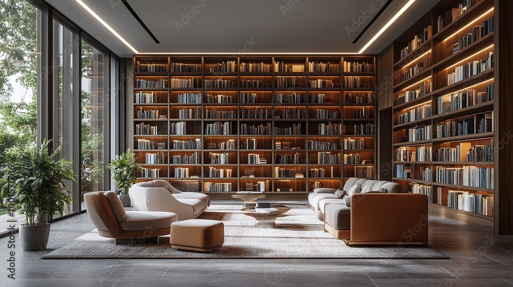 cozy modern library interior with bookshelves and armchairs, offering a ...