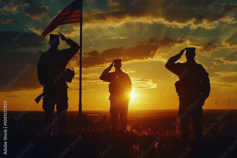Poster Group of soldiers honoring the sunset with a salute – Wall Art ...