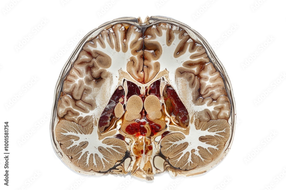Anatomical illustration of a human brain cross section showing various ...