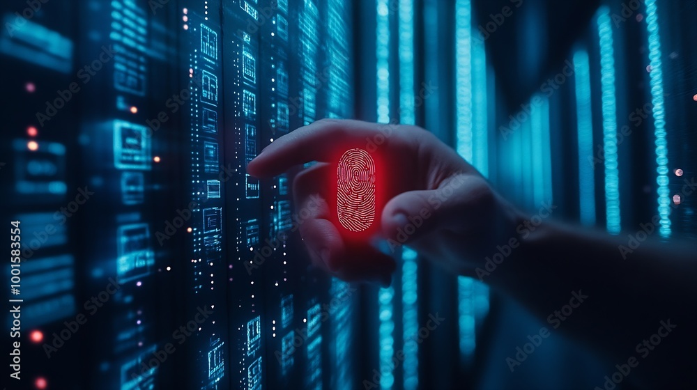 Cyber security system and data protection concept Man using fingerprint ...