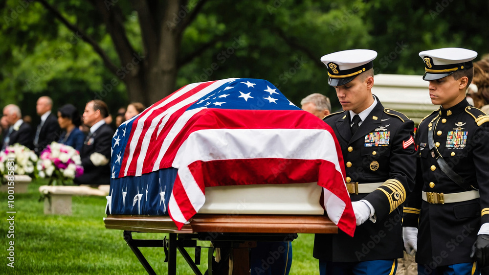 Military funeral with flag-draped casket and honor guard soldiers Stock ...