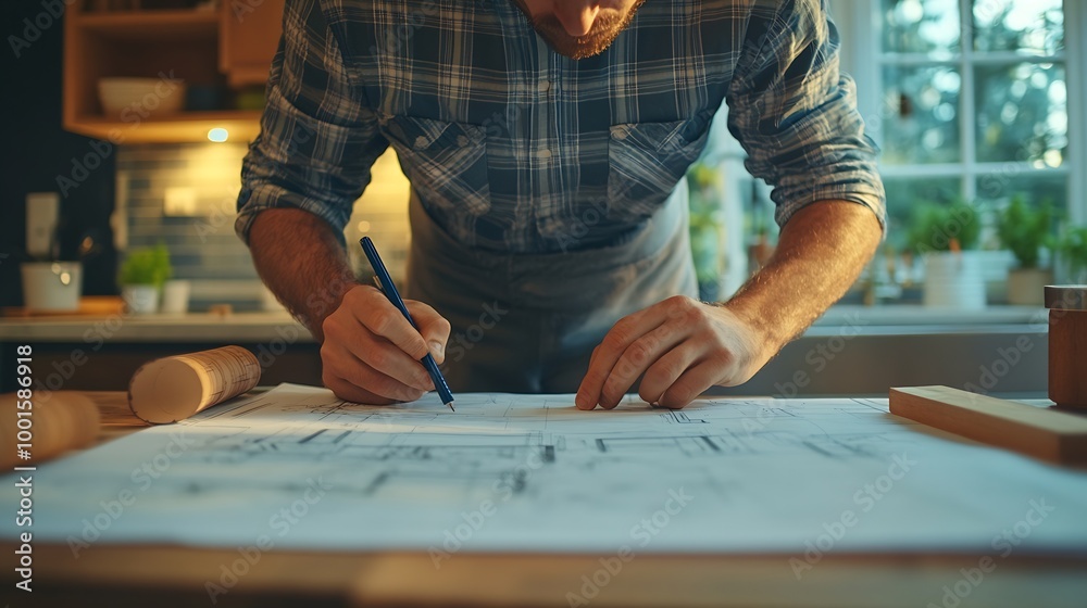 Construction expert attentively marks blueprints on a kitchen counter ...