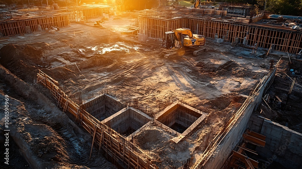 Construction site with concrete foundation and drainage system being ...