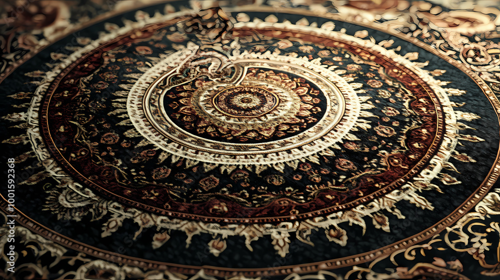 A detailed view of a rug featuring a circular design with intricate ...