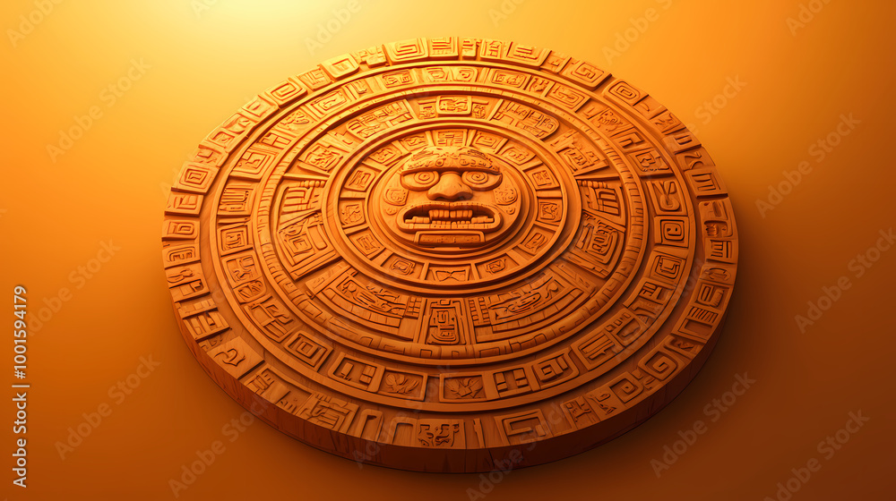 A large wooden aztec calendar with an ancient sigil, representing the ...